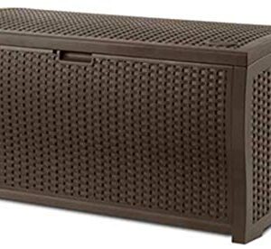 Suncast Multipurpose 73 Gallon Wicker Resin Home Outdoor Backyard Patio Storage Deck Box with Secure Lockable Lid, Mocha (2 Pack)