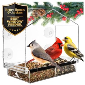 window bird feeders for outside - large bird house style window bird feeder - window bird feeders with strong suction cups with drain holes, removable tray, large seed capacity and rubber perch