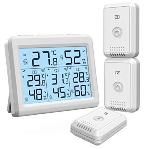 oria indoor outdoor thermometer, digital hygrometer thermometer, wireless temperature and humidity gauge monitor with 3 sensors, lcd backlight for home, office, bedroom, white