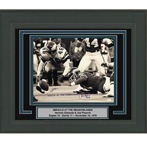 framed autographed/signed herm edwards & joe pisarcik inscribed miracle at the meadowlands 16x20 football photo jsa coa