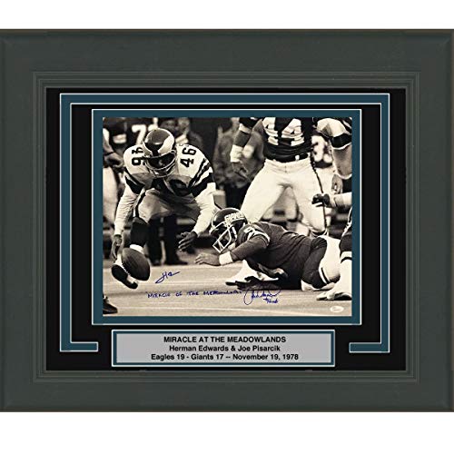 Framed Autographed/Signed Herm Edwards & Joe Pisarcik Inscribed Miracle at the Meadowlands 16x20 Football Photo JSA COA