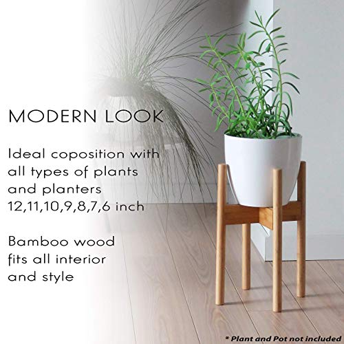 GreeMoose Plant Stand I Mid Century Indoor, Bamboo, Wooden, Adjustable (8-12 Inch), Tall Modern Plant Holder (Planter Not Included)