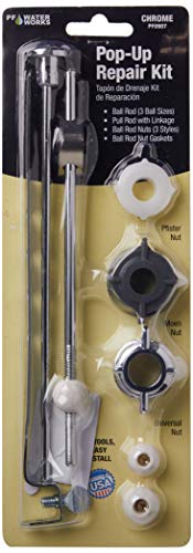 PF WaterWorks PF0907 Pop-Up Drain Repair Kit - Threaded Adjustable Center Pivot/Ball Rod with 3 Nuts, Gasket, 3 Sizes of Balls, with Pull Rod/Linkage, Chrome