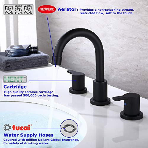 RKF Bathroom Faucets for Sink 3 Hole Matt Black 8 inch Widespread Bathroom Sink Faucet with Drain Double Lever Handle Faucet Bathroom Vanity Faucet Basin Mixer Tap Faucet with Hose&Deck WF015MB