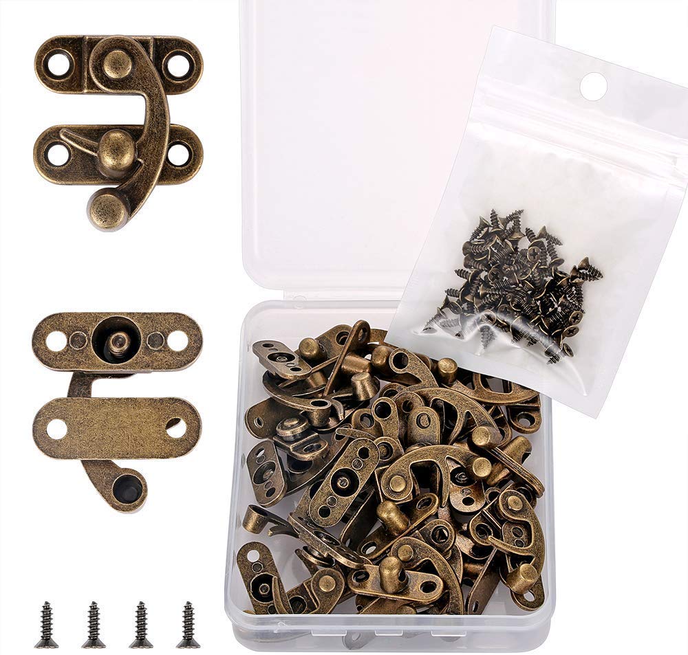 PGMJ 20 Pieces Jewelry Box Hardware Thickened Solid Bronze Tone Antique Right Latch Hook Hasp Horn Lock Wood Jewelry Box Latch Hook Clasp and 80 Replacement Screws (Right Latch Buckle)