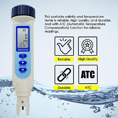 2 in 1 Salt Tester Digital Salinity Meter with ATC Salinity and Temperature Meter Waterproof IP67 Pen Type Salinometer ppt Aquariums, and Koi Fish Pond for Saltwater Seawater,Hydroponics,Water,Pool