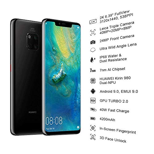 Huawei Mate 20 Pro (GSM Only, No CDMA) Unlocked 6GB RAM 128GB Storage Single Sim LYA-L09 - International Version/No Warranty - Black