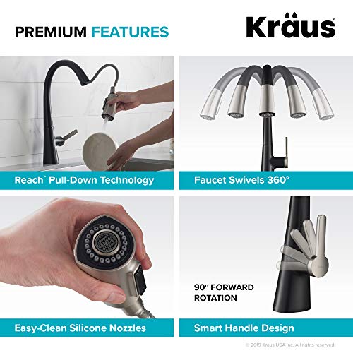 Kraus KPF-1673SFSMB Nolen Dual Function Pull, Faucets for Kitchen Sinks, Single-Handle, 16 3/8 Inch, Spot Free Stainless Steel/Matte Black