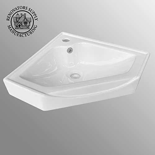 Renovators Supply Manufacturing Alexander II Modern Bathroom Wall Mount Corner Sink White with Overflow