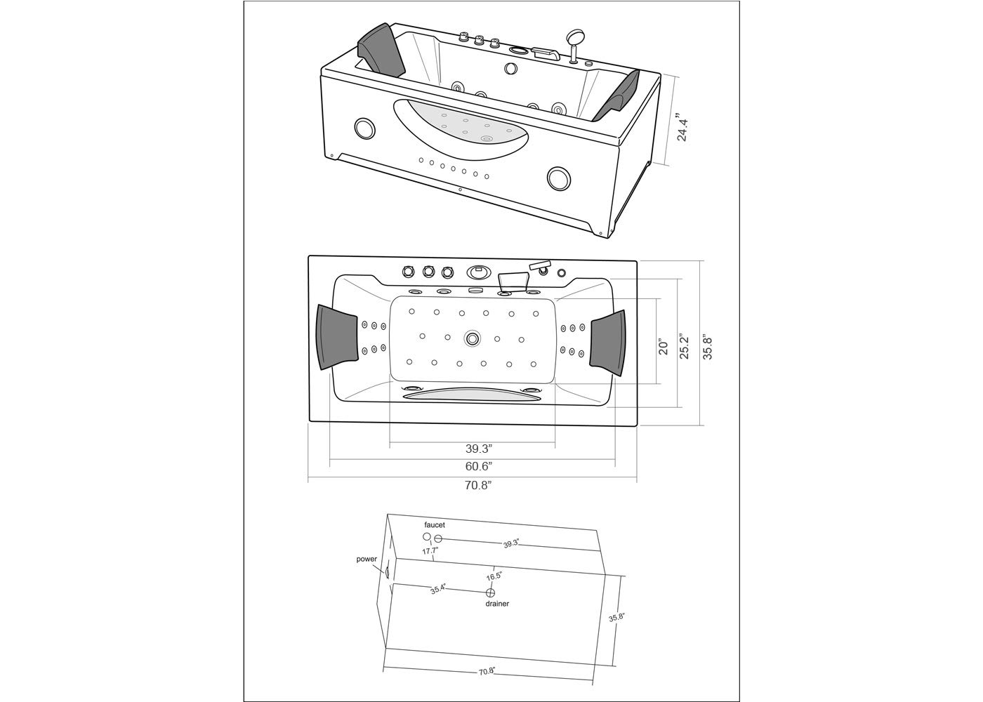 Whirlpool bathtub hydrotherapy black hot tub double pump with 24 jets HYPNOTIC