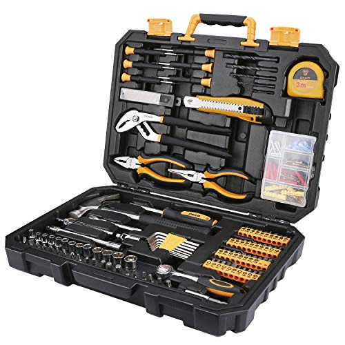 DEKO 196 Piece Tool Set General Household Hand Tool Kit with Rip Claw Hammer,Lineman's Plier, Measure Tape Rule & Plastic Toolbox Storage Case