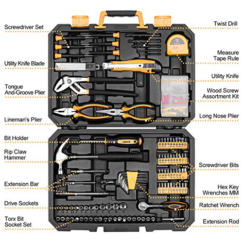 DEKO 196 Piece Tool Set General Household Hand Tool Kit with Rip Claw Hammer,Lineman's Plier, Measure Tape Rule & Plastic Toolbox Storage Case