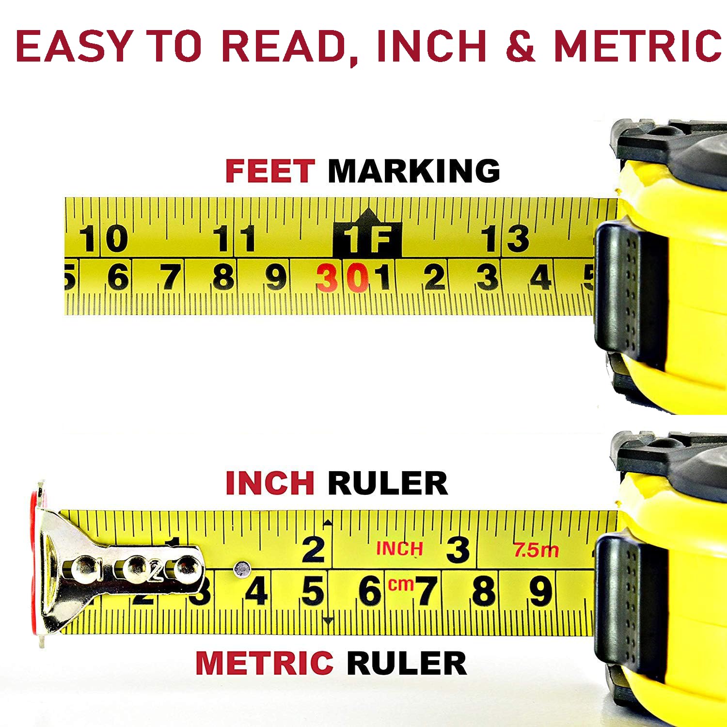 Zabiki Measuring Tape Measure, 25 Ft Easy to Read Decimal Retractable Dual Side Ruler with Metric and Inches, for Surveyors, Engineers and Electricians, with Magnetic Tip and Rubber Protective Casing