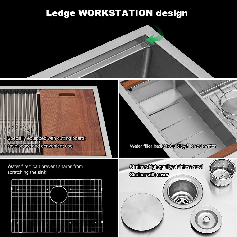 32 Kitchen Sink Undermount Stainless Steel - Sarlai 32 x 19 Inch Kitchen Sink Ledge Workstation Deep Single Bowl 16 Gauge Stainless Steel Under Counter Kitchen Sink Basin