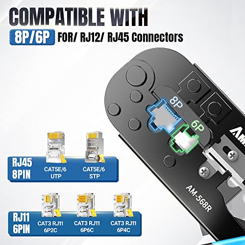 AMPCOM RJ45 Crimping Tool, 8P/6P-RJ11, RJ12 Crimper Cutter Stripper AM-568R