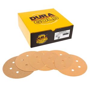 dura-gold premium 80, 120, 220, 320, 400 grit 6" gold sandpaper discs, 6 hole pattern dustless, 10 each, 50 total - hook & loop backing for da sander, sanding automotive paint, woodworking wood, metal