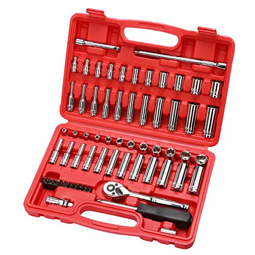 CASOMAN 1/4-Inch Drive Master Socket Set with Ratchets, Adapters, Extensions with 1/4’‘ Dr. Bits Set, Inch/Metric, 6-Point, 5/32-Inch - 9/16-Inch, 4 mm - 14 mm, 62-Piece 1/4" Dr. Socket Set