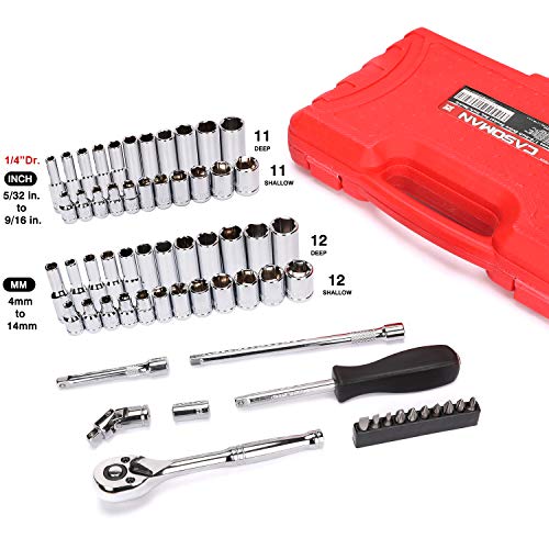 CASOMAN 1/4-Inch Drive Master Socket Set with Ratchets, Adapters, Extensions with 1/4’‘ Dr. Bits Set, Inch/Metric, 6-Point, 5/32-Inch - 9/16-Inch, 4 mm - 14 mm, 62-Piece 1/4" Dr. Socket Set