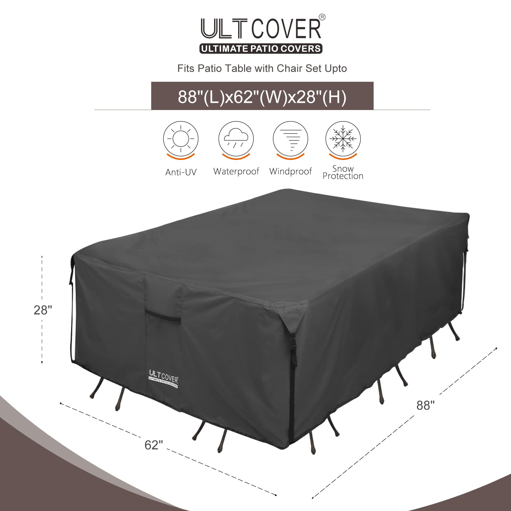 ULTCOVER 600D Tough Canvas Durable Rectangular Patio Table and Chair Cover - Waterproof Outdoor General Purpose Furniture Covers 88Lx62Wx28H inch, Black