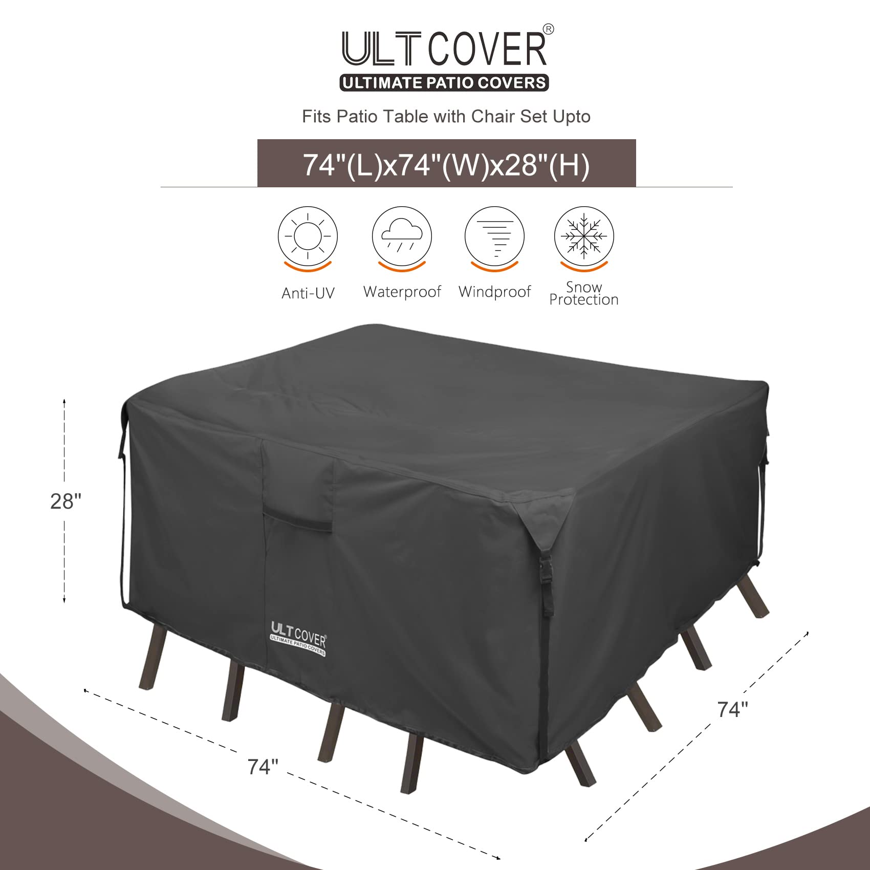 ULTCOVER 600D Tough Canvas Durable Square Patio Table and Chair Cover - Waterproof Outdoor General Purpose Furniture Covers 74 inch, Black