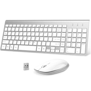 wireless keyboard and mouse - fenifox usb slim 2.4g wireless keyboard mouse combo full-size ergonomic compact with number pad for laptop pc computer windows mac- silver white