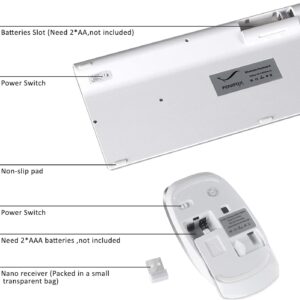 Wireless Keyboard and Mouse - FENIFOX USB Slim 2.4G Wireless Keyboard Mouse Combo Full-Size Ergonomic Compact with Number Pad for Laptop PC Computer Windows mac- Silver White