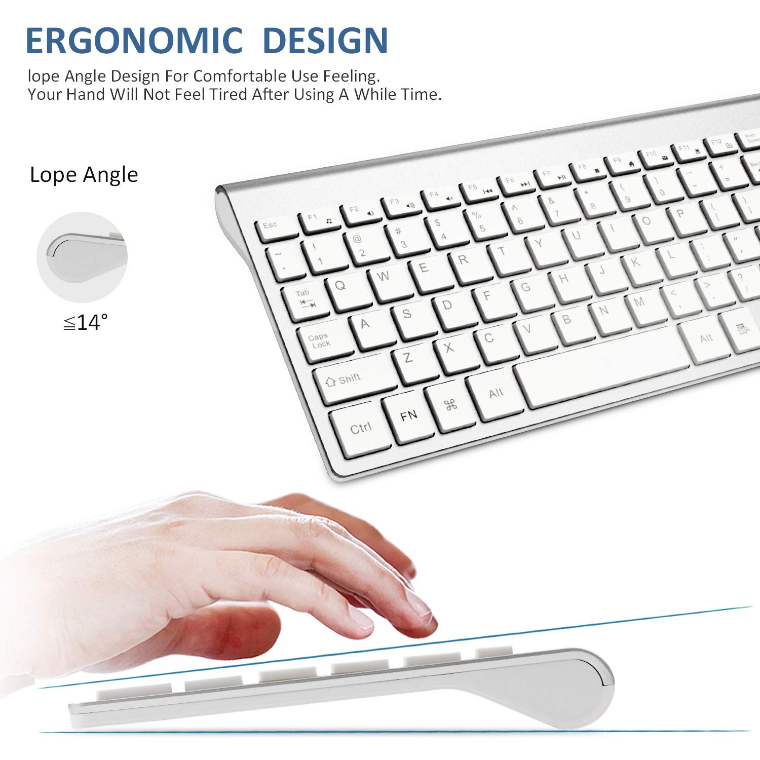 Wireless Keyboard and Mouse - FENIFOX USB Slim 2.4G Wireless Keyboard Mouse Combo Full-Size Ergonomic Compact with Number Pad for Laptop PC Computer Windows mac- Silver White