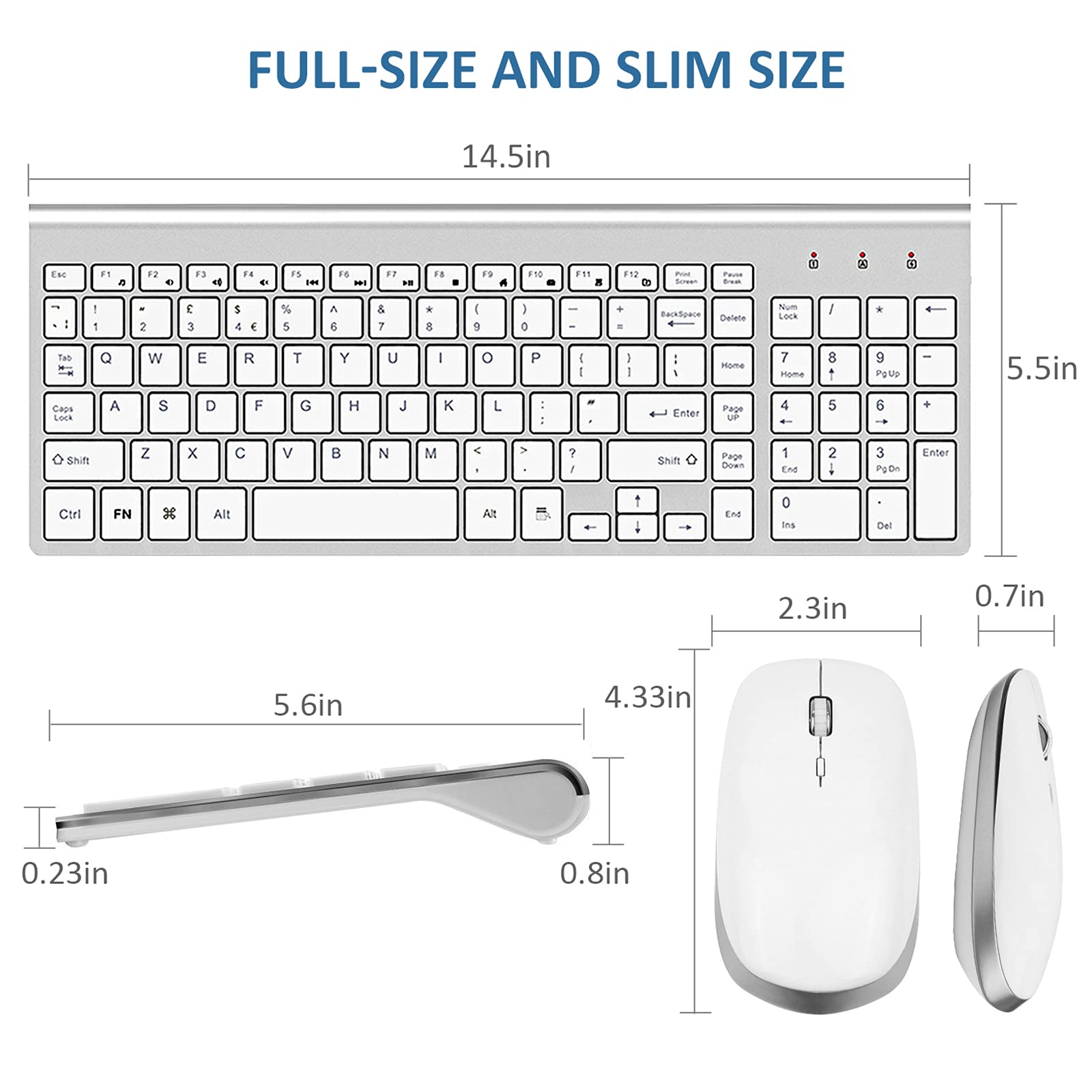 Wireless Keyboard and Mouse - FENIFOX USB Slim 2.4G Wireless Keyboard Mouse Combo Full-Size Ergonomic Compact with Number Pad for Laptop PC Computer Windows mac- Silver White