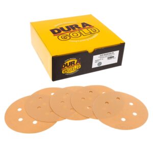 dura-gold premium 320 grit 6" gold sandpaper discs, 6 hole pattern dustless, box of 50 - hook & loop backing for da sander, finishing fine cut sanding abrasive automotive paint, woodworking wood metal