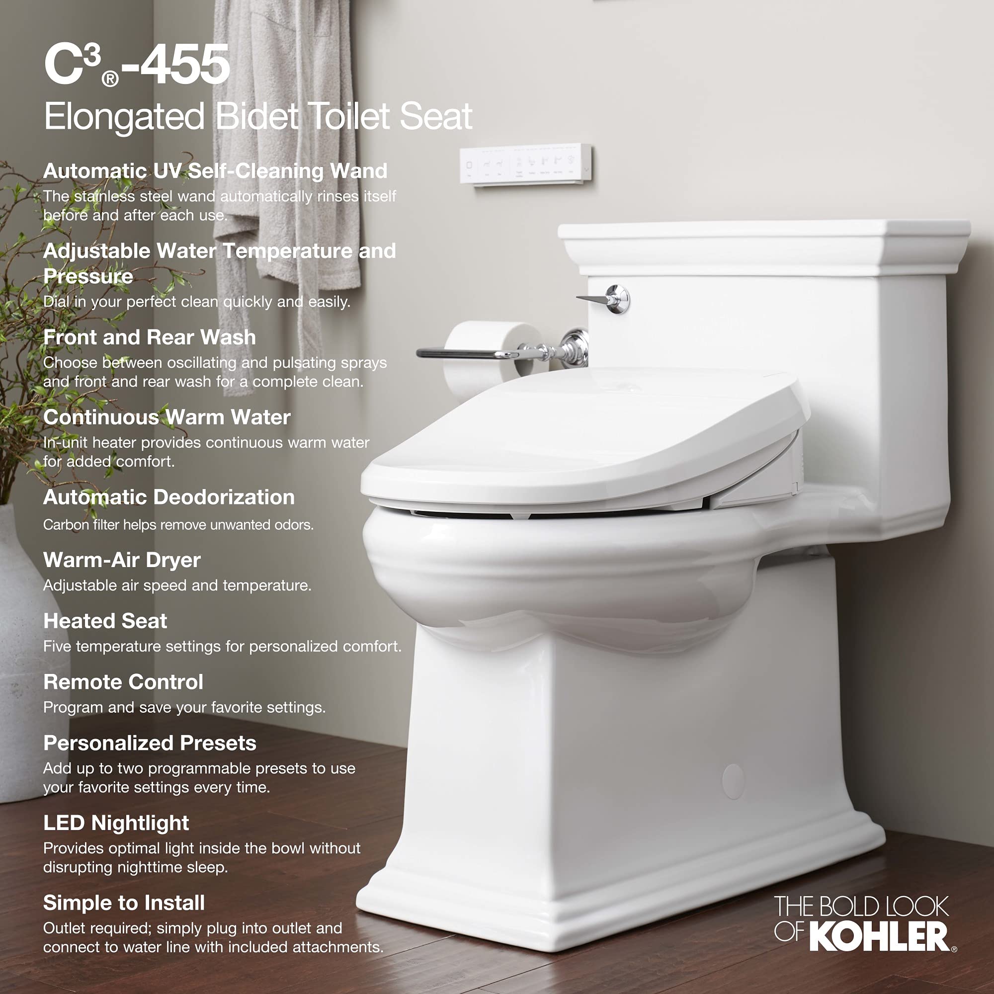 KOHLER 8298-CR-0 C3-455 Elongated Bidet Toilet Seat, Heated Bidet, Bidets for Existing Toilets with Remote Control, White