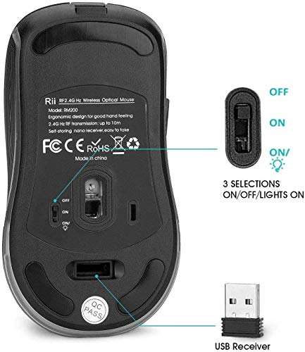 Rii RM200 2.4G Wireless Mouse with USB Nano Receiver, 5 Buttons Rechargeable RGB,3 Adjustable DPI Levels,Colorful Gaming Mouse for Notebook,PC,Computer-Black