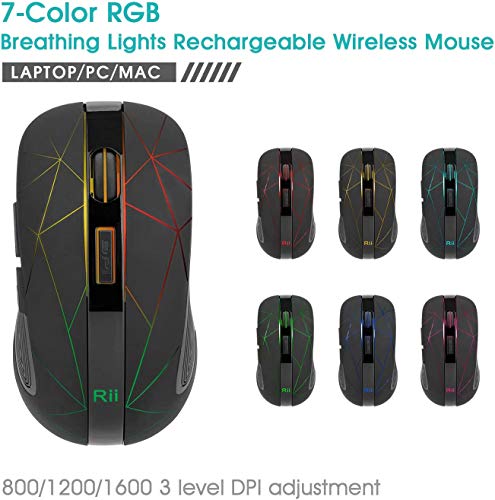 Rii RM200 2.4G Wireless Mouse with USB Nano Receiver, 5 Buttons Rechargeable RGB,3 Adjustable DPI Levels,Colorful Gaming Mouse for Notebook,PC,Computer-Black