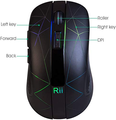 Rii RM200 2.4G Wireless Mouse with USB Nano Receiver, 5 Buttons Rechargeable RGB,3 Adjustable DPI Levels,Colorful Gaming Mouse for Notebook,PC,Computer-Black