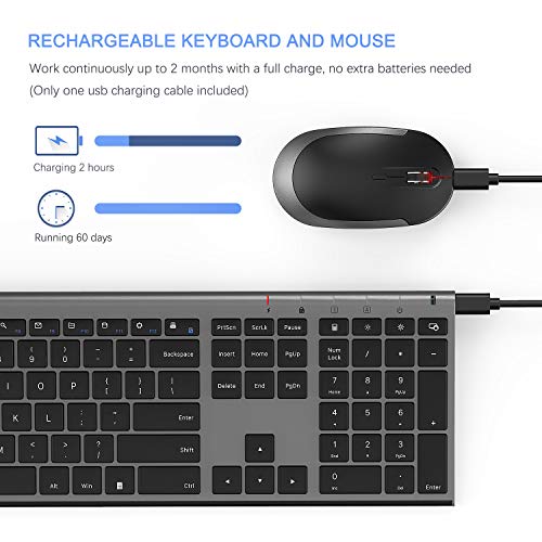 Wireless Keyboard and Mouse, Vssoplor 2.4GHz Rechargeable Compact Quiet Full-Size Keyboard and Mouse Combo with Nano USB Receiver for Windows, Laptop, PC, Notebook-Dark Gray