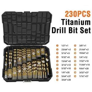 ENERTWIST Titanium Drill Bit Kit Set for Metal and Wood 230-Piece - Coated HSS Conventional 118 Deg Tip from 3/64inch up to 1/2 Inch, ET-DBA-230A