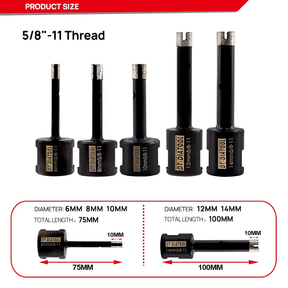 DT-DIATOOL Diamond Drill Core Bits Set 1/4" and 3/8" - Welded Hole Saw with 5/8-11 Thread for Concrete Granite Marble Hard Stone