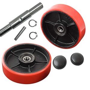 Pallet Jack/Truck Steering Wheels Set with Axle and Protective Caps (4 pcs) 7" x 2" with Bearings ID 20mm Poly Tread Red