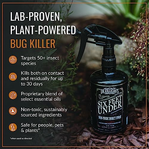 Dr. Killigan's Six Feet Under Non Toxic Insect Killer Spray | Indoor Natural Pest Control | Flea, Tick, Pantry & Clothing Moths, Ant, & Cockroach | Family Friendly, Pet Safe (24 oz)