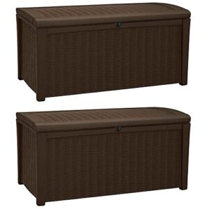 keter borneo 110 gallon all weather weatherproof rattan wicker resin outdoor backyard patio porch deck organization storage box bench, brown (2 pack)