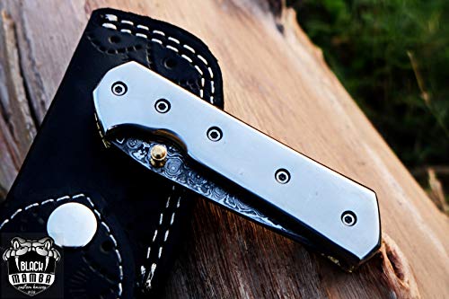 BLACK MAMBA KNIVES Damascus Pocket Knife with Clip, Folding Knife, Damascus Steel Folding Pocket Knife Folding Hunting Knife