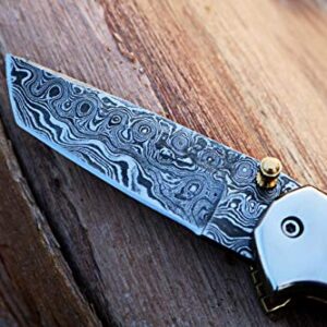 BLACK MAMBA KNIVES Damascus Pocket Knife with Clip, Folding Knife, Damascus Steel Folding Pocket Knife Folding Hunting Knife