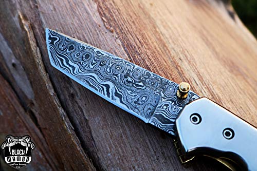 BLACK MAMBA KNIVES Damascus Pocket Knife with Clip, Folding Knife, Damascus Steel Folding Pocket Knife Folding Hunting Knife