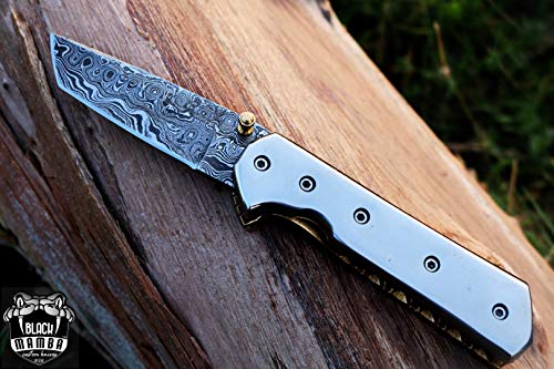 BLACK MAMBA KNIVES Damascus Pocket Knife with Clip, Folding Knife, Damascus Steel Folding Pocket Knife Folding Hunting Knife