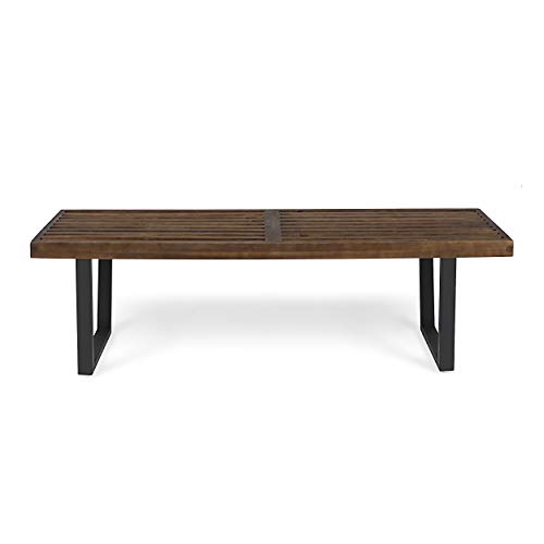 Great Deal Furniture JOA Patio Dining Bench, Acacia Wood with Iron Legs, Modern, Contemporary, Dark Brown and Black