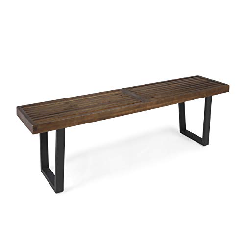 Great Deal Furniture JOA Patio Dining Bench, Acacia Wood with Iron Legs, Modern, Contemporary, Dark Brown and Black