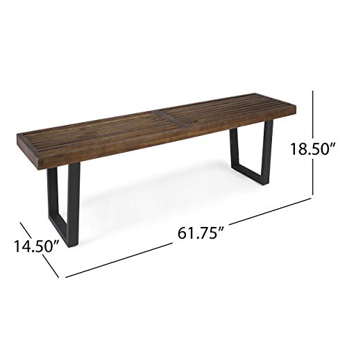 Great Deal Furniture JOA Patio Dining Bench, Acacia Wood with Iron Legs, Modern, Contemporary, Dark Brown and Black