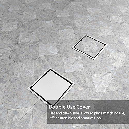 USHOWER 4 Inch Square Shower Floor Drain with Reversible 2-in-1 Tile Insert Cover,4" Brushed Nickel Tiled Insert Drain Grate 304 Stainless Steel, Includes Flange Base & Hair Strainer