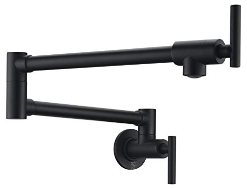 Braccia Series 24" Wall Mounted Pot Filler in Matte Black | 24” Reach Spout Solid Brass Two Handle Dual Shut-Off Valve Double Joint Swing Arm Wall Mount Kitchen Folding Faucet | KF-AZ258BKM