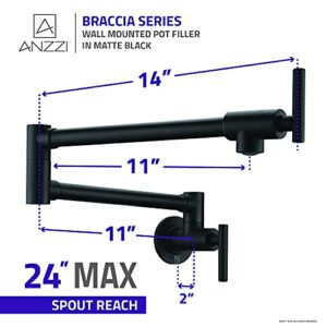 Braccia Series 24" Wall Mounted Pot Filler in Matte Black | 24” Reach Spout Solid Brass Two Handle Dual Shut-Off Valve Double Joint Swing Arm Wall Mount Kitchen Folding Faucet | KF-AZ258BKM