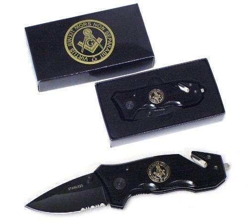 Virtus Iunxit Mors Non Separabit Square & Compass Masonic Folding Pocket Knife - [Black & Gold]